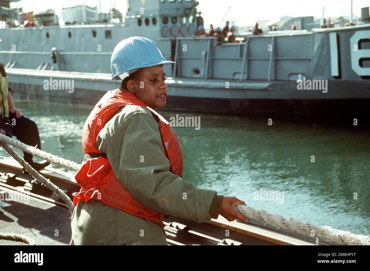 Standing aboard the medium auxiliary floating dry dock STEADFAST (AFDM ...