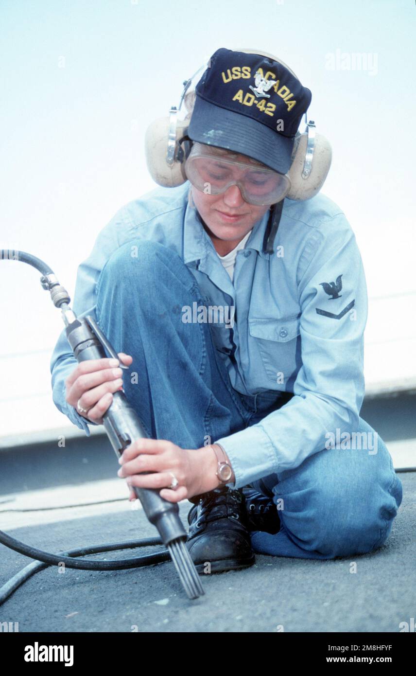Boatswain's Mate 3rd Class Julie Wolter wears headphones to protect her ...