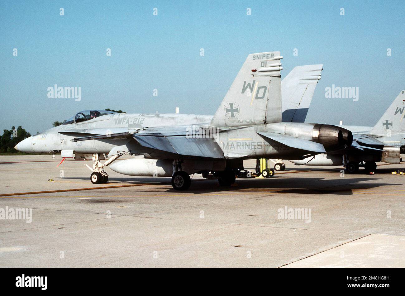 A left rear view of an F/A-18C Hornet aircraft of Marine Corps Strike ...