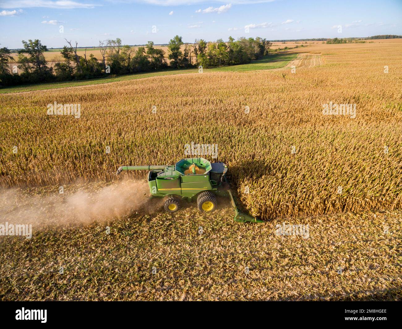 63801-08408 Corn Harvest, John Deere combine harvesting corn - aerial ...