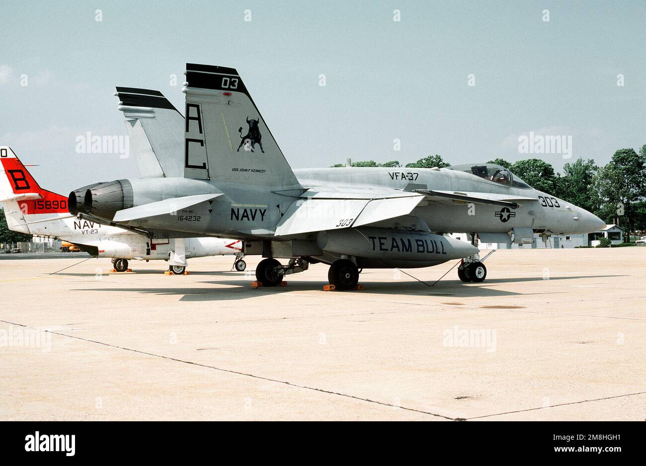 A right rear view of an F/A-18C Hornet aircraft assigned to Strike ...