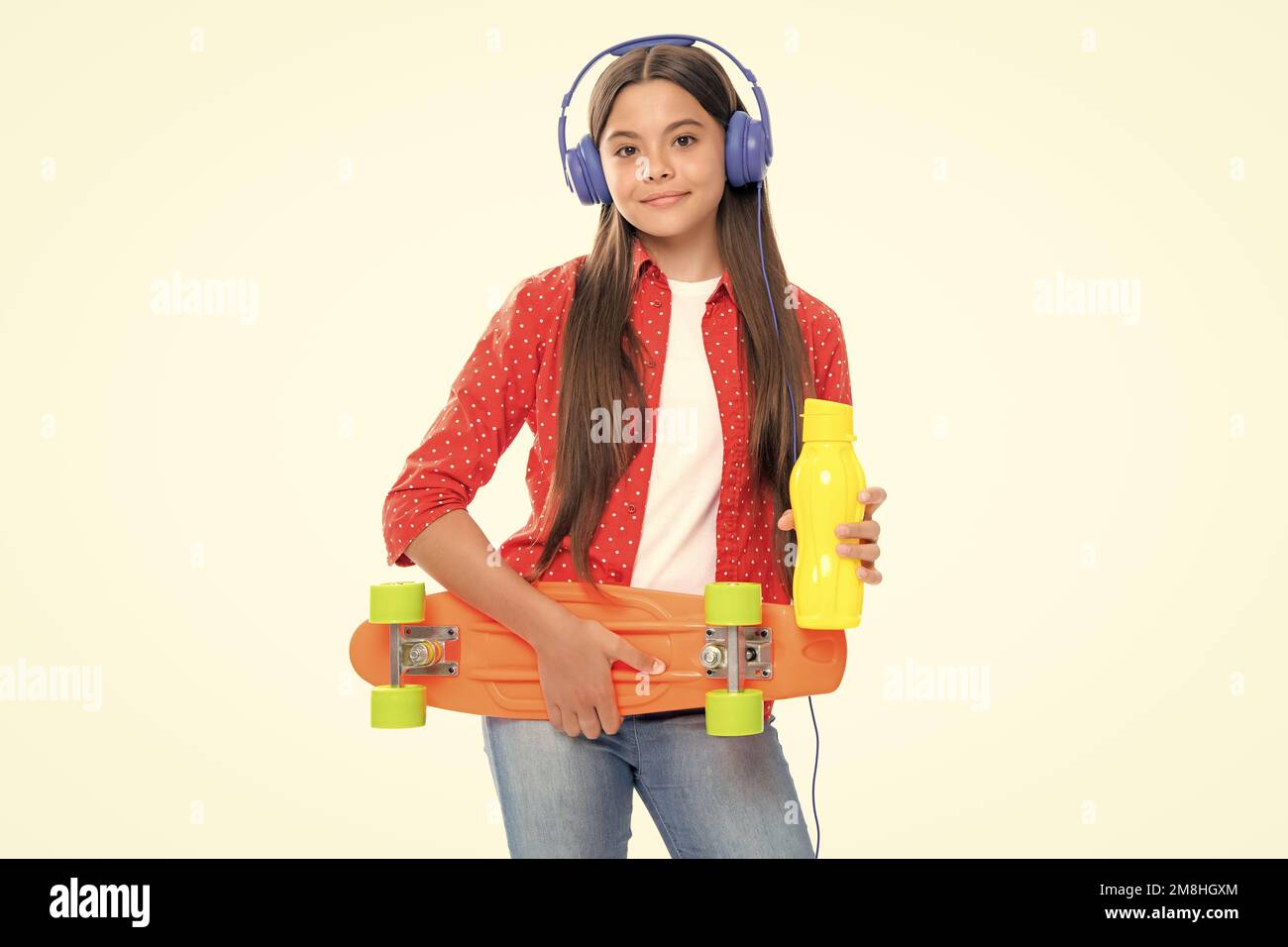 Teen girl 12, 13, 14 years old with skateboard water bottle and ...