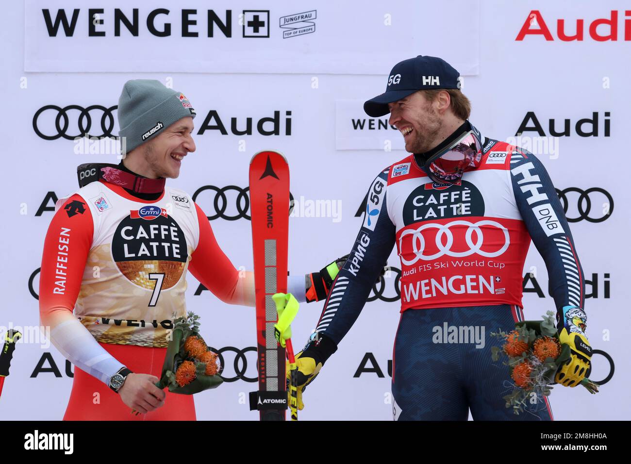 Norway's Aleksander Aamodt Kilde, right, congratulates second placed ...
