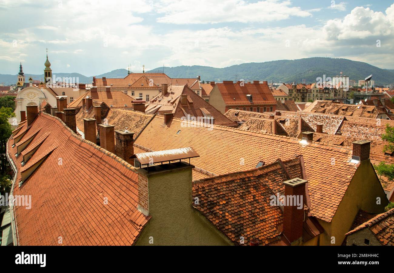 View over the rooftops of Graz, Austria; red tiled roofs as seen from ...