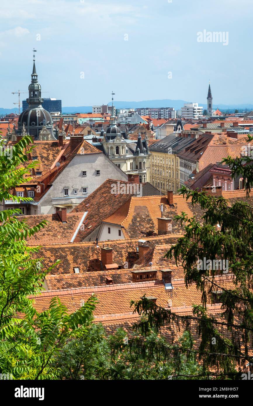 View over the rooftops of Graz, Austria; red tiled roofs as seen from ...