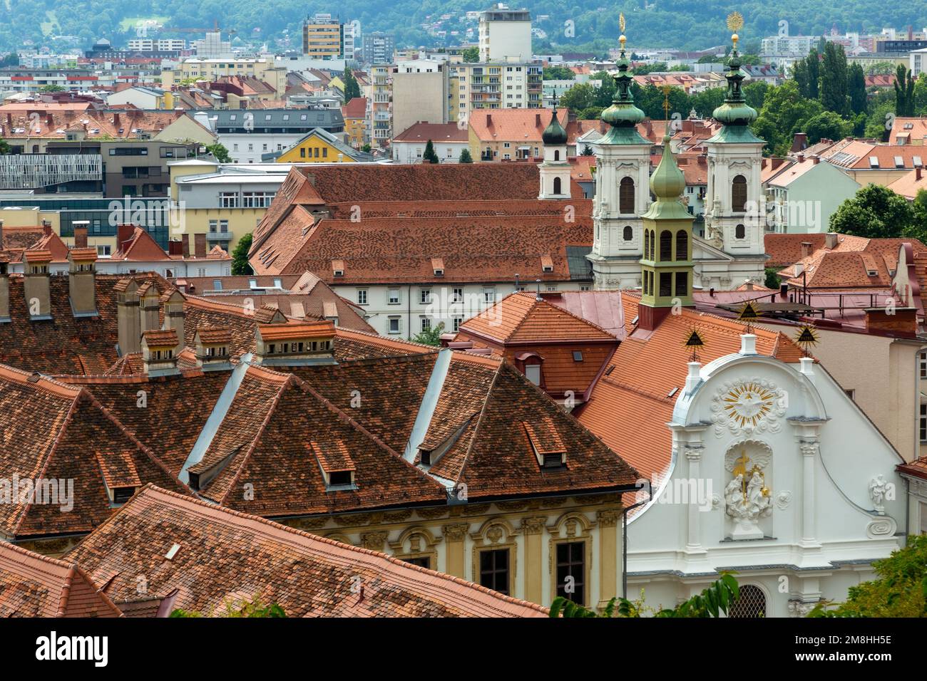 View over the rooftops of Graz, Austria; red tiled roofs as seen from ...