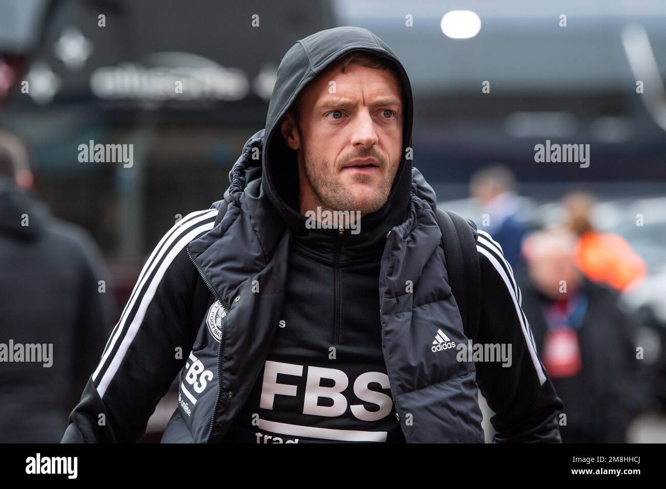 Jamie Vardy #9 of Leicester City arrives ahead of the Premier League ...