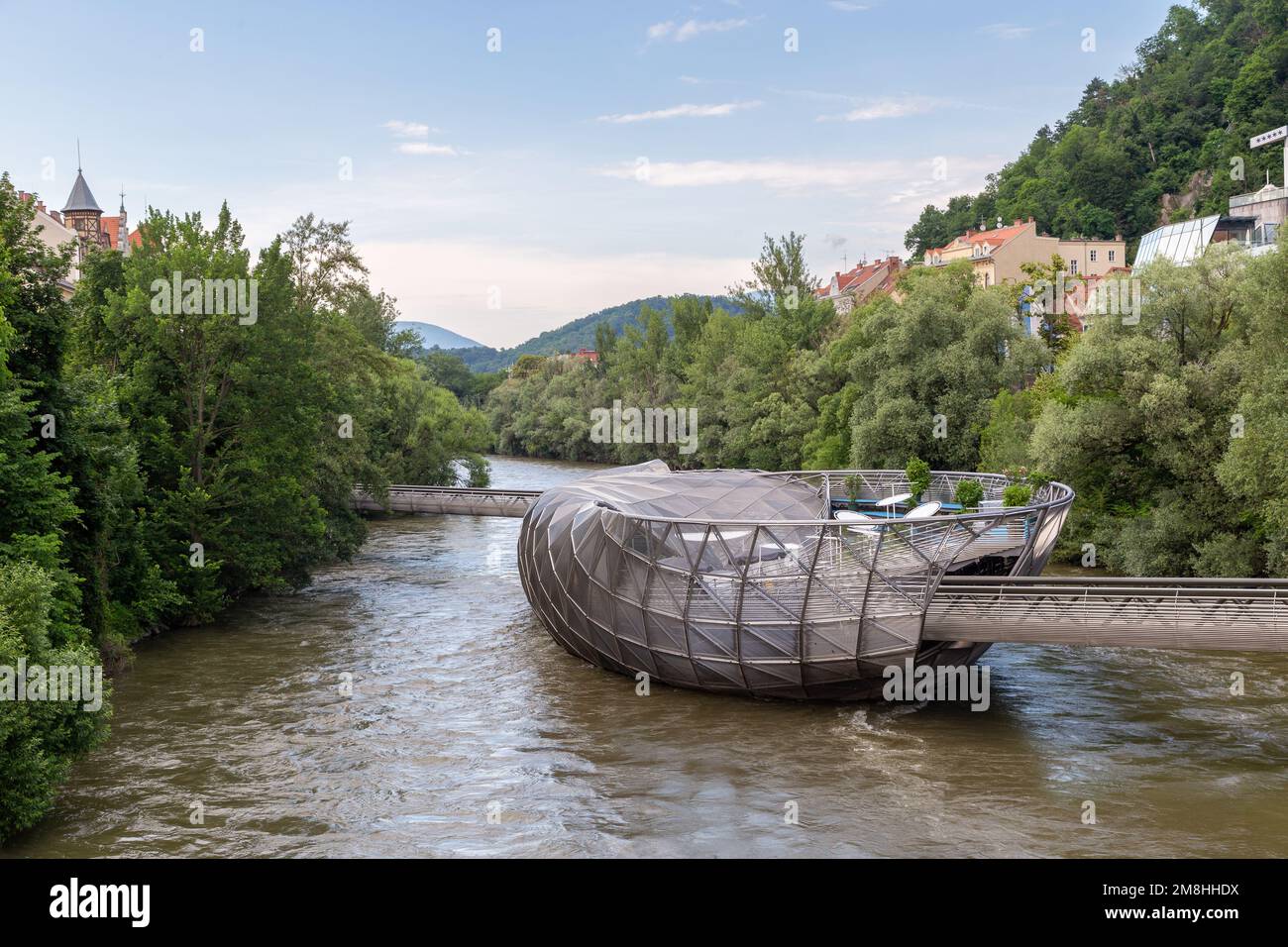 Murinsel, a manmade island in the River Mur, in Graz, Austria ...