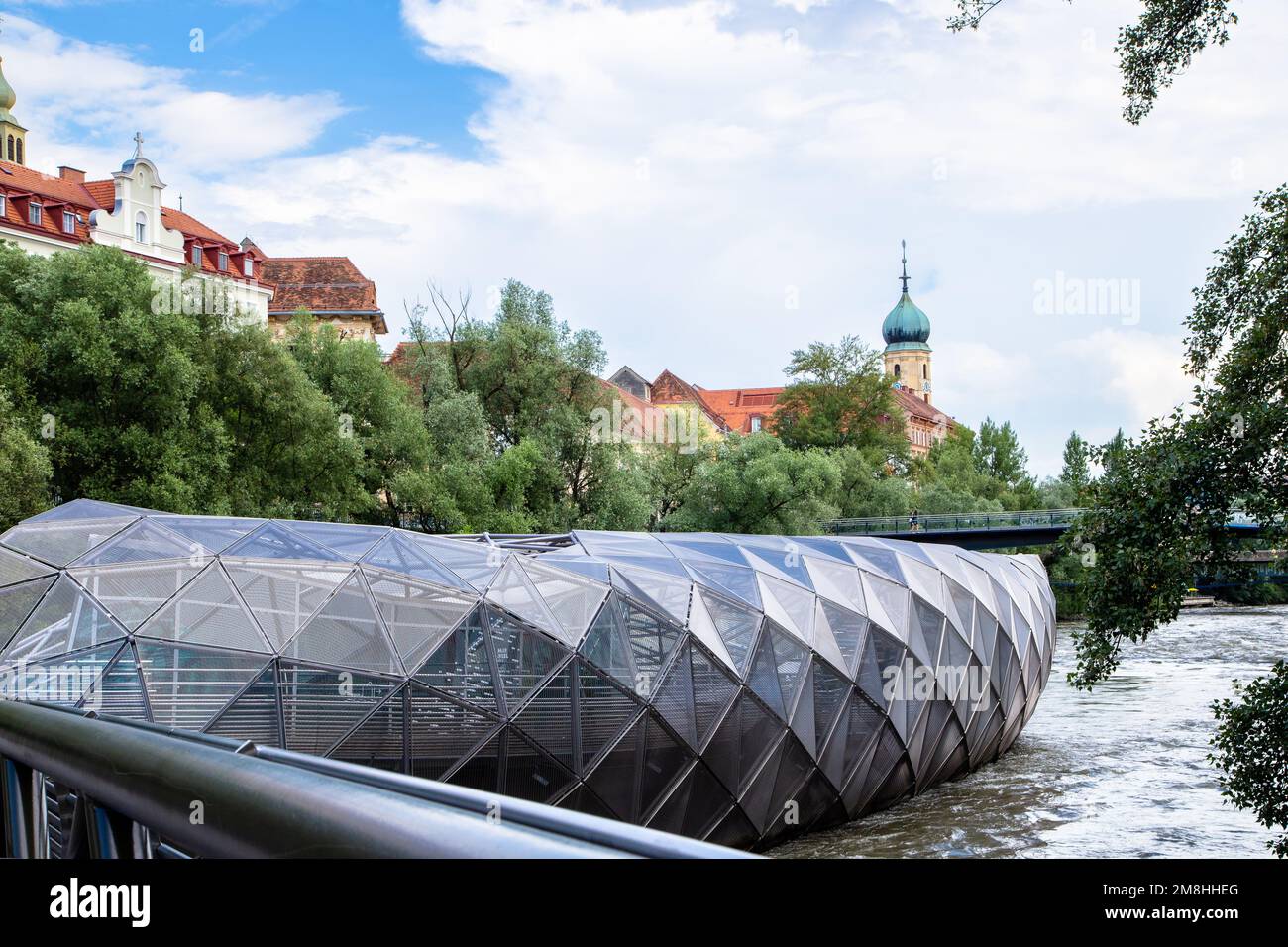 Murinsel, a manmade island in the River Mur, in Graz, Austria ...