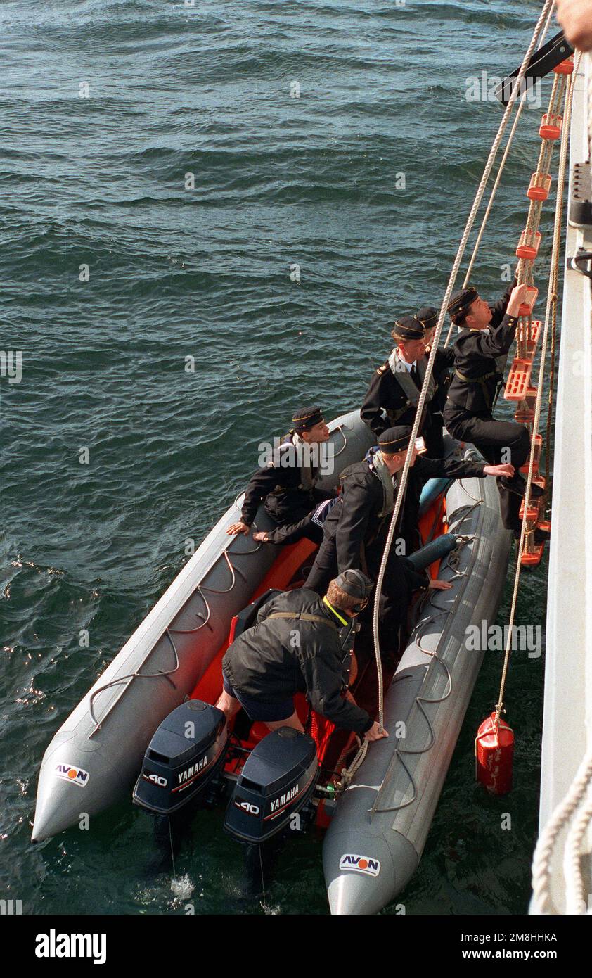 Sailors from the Russian navy Krivak I class frigate BDITELNY climb ...