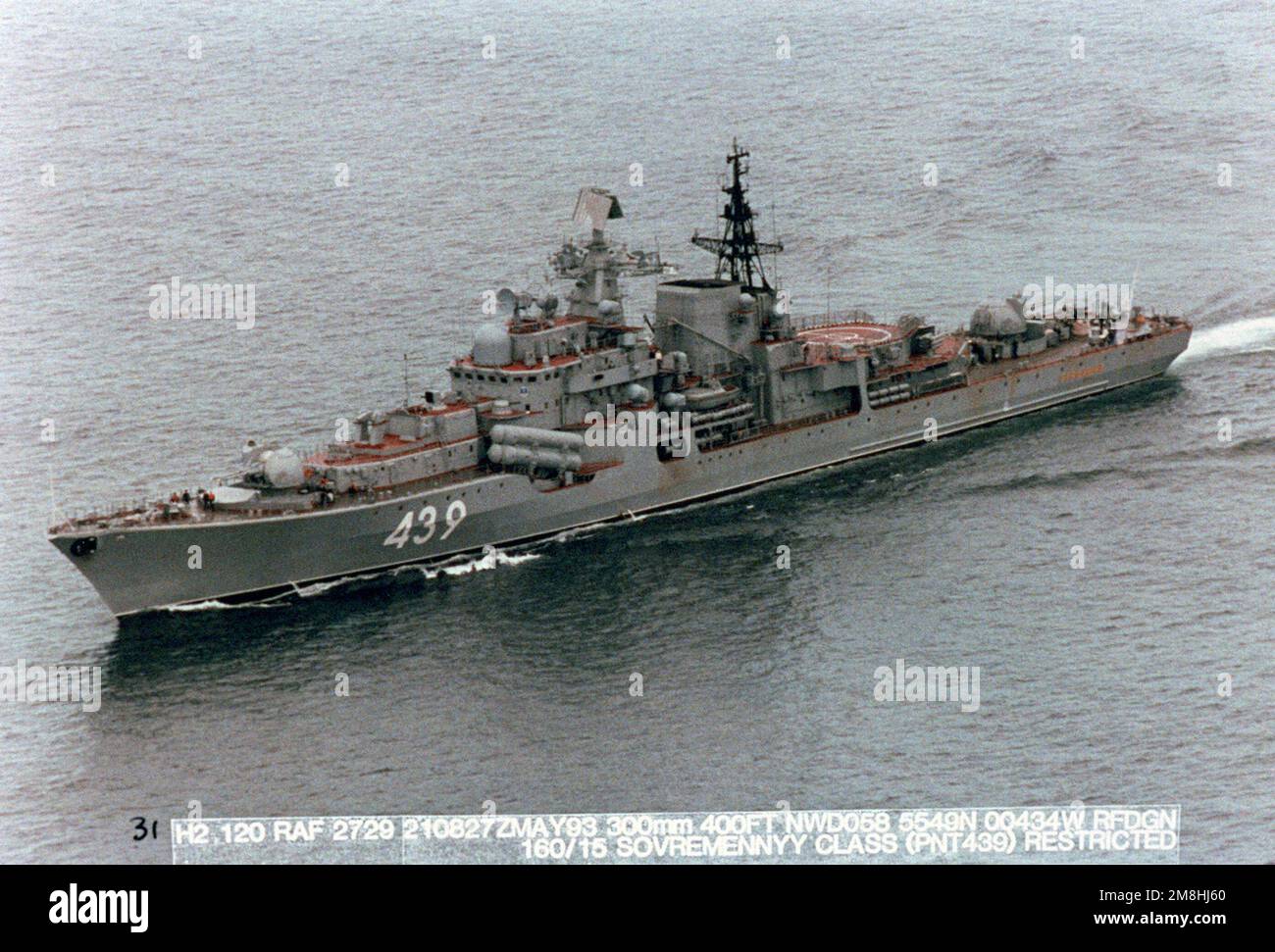 A port bow view of the Russian Sovremenny-class guided missile destroyer GREMYASHCHY underway ...