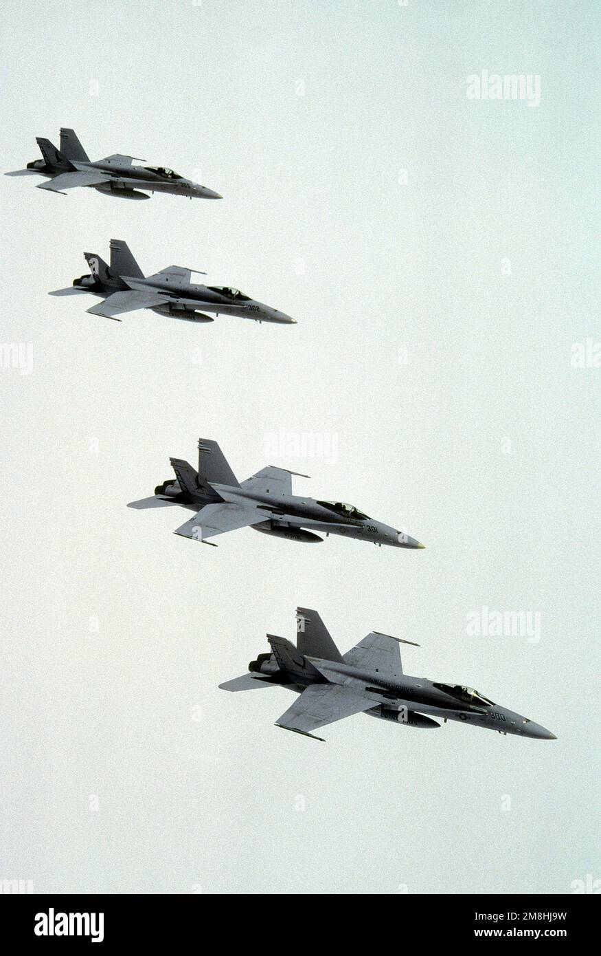 An air-to-air right side view of four Fighter Attack Squadron 136 (VFA ...