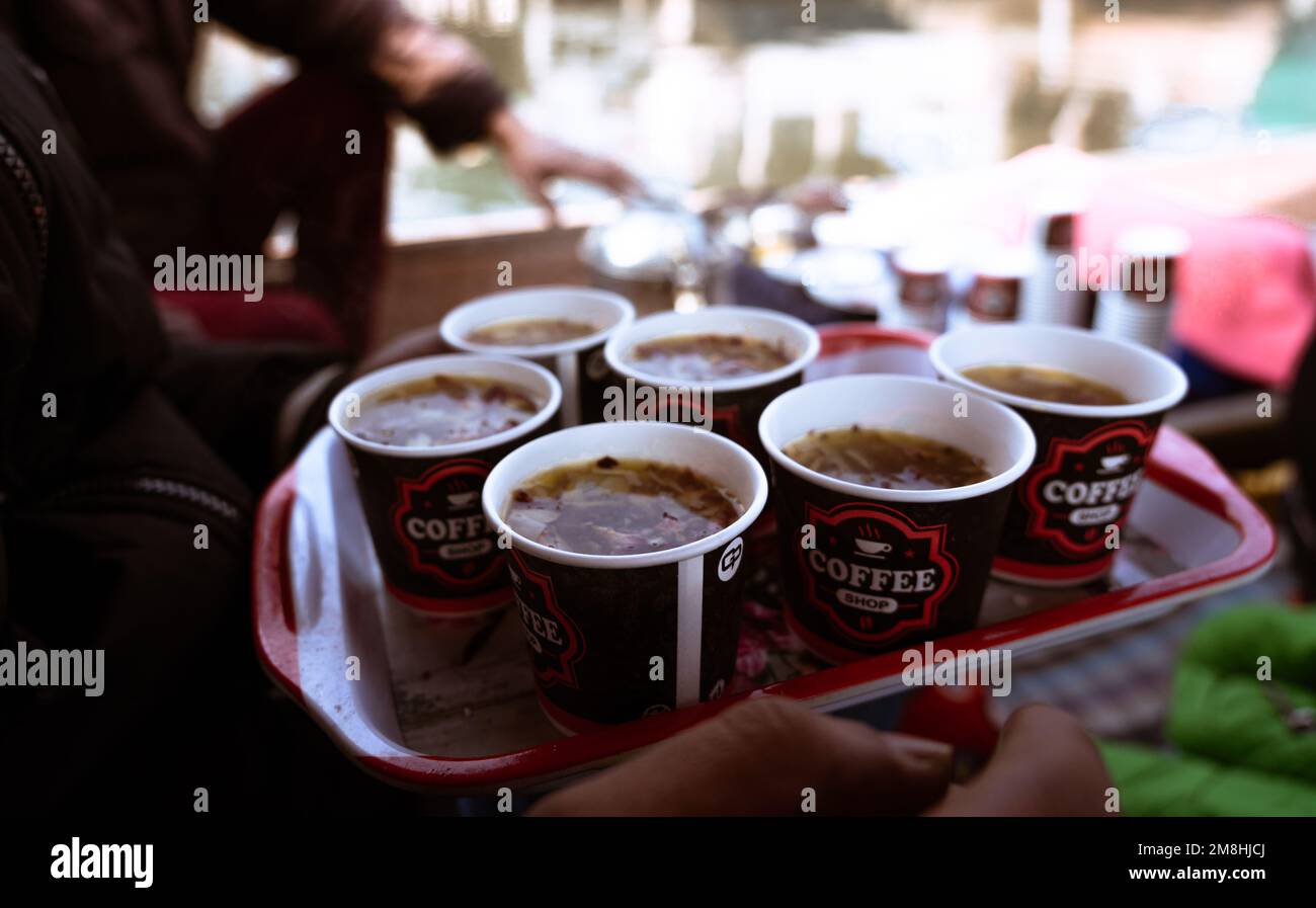 Kashmiri kahwa tea in Dal lake floating shop Stock Photo - Alamy