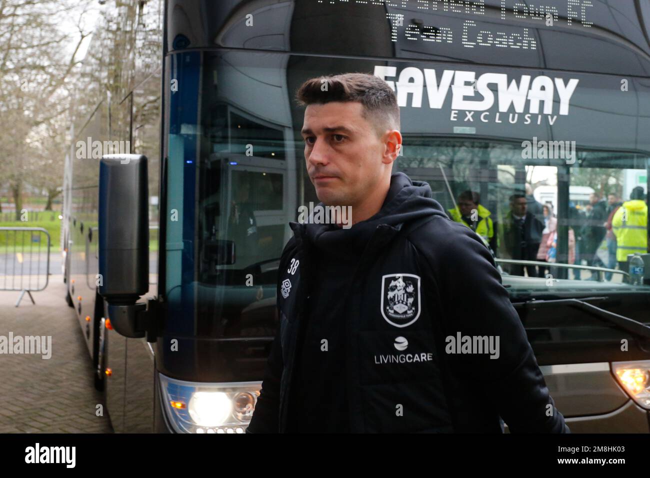 Matthew Lowton #38 of Huddersfield Town arrives for the Sky Bet ...