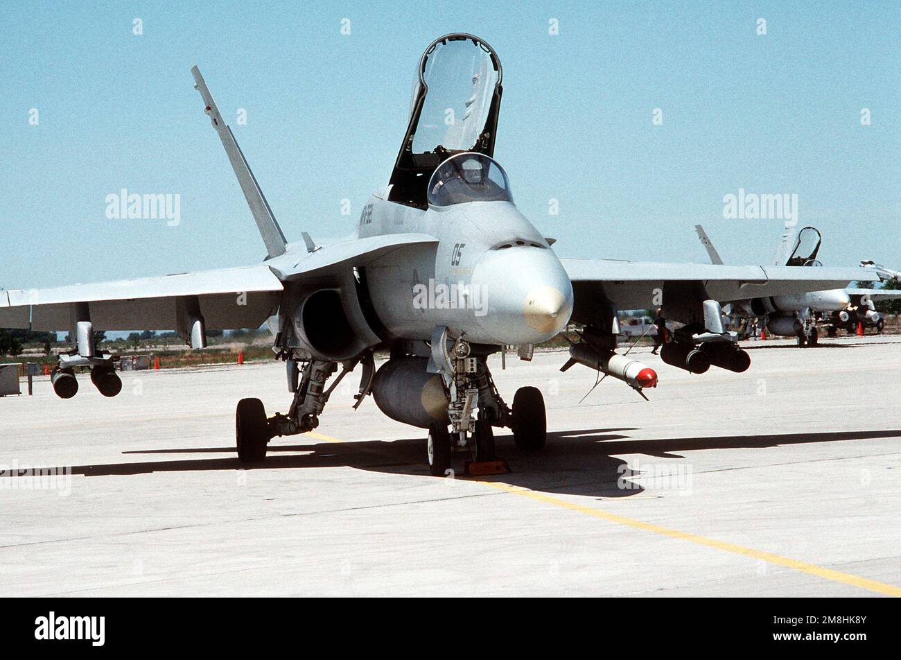 A front view of a Marine Fighter Attack Squadron 321 (VMFA-321) F/A-18A ...