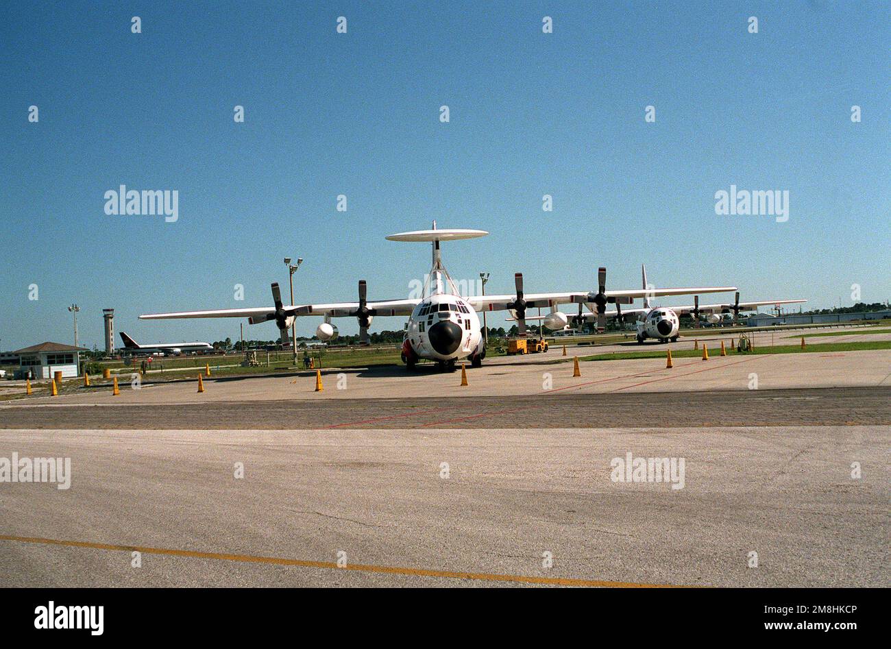 A front view of a U.S. Coast Guard EC-130V Hercules aircraft parked on ...