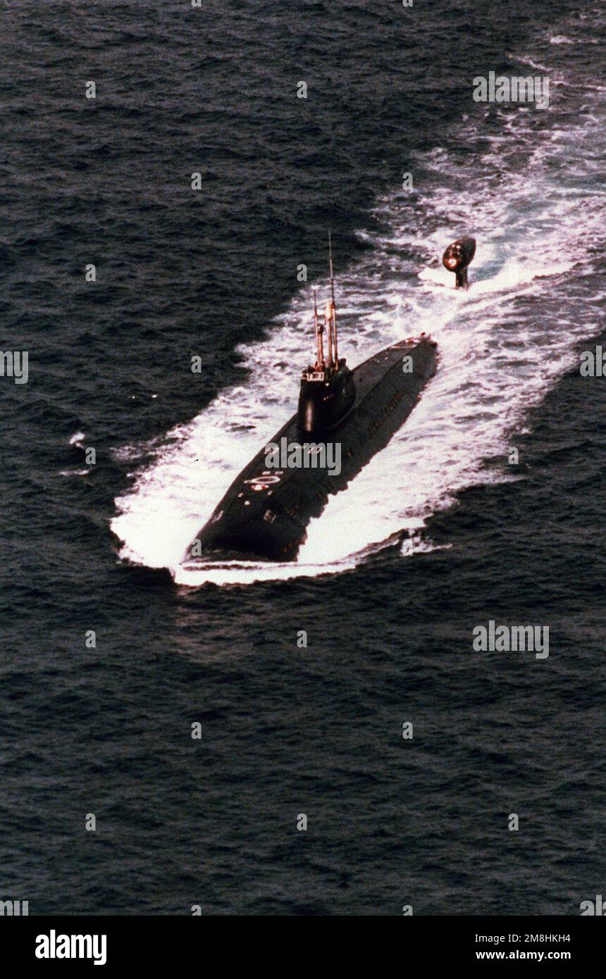 A starboard bow view of a Russian Navy Victor III Class nuclear-powered ...