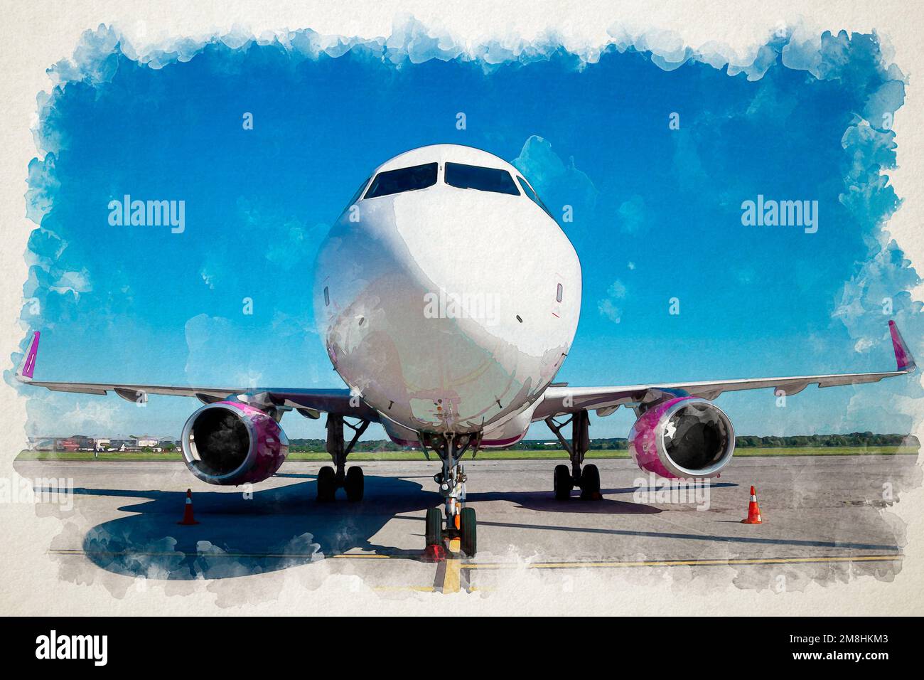 Passenger plane watercolor illustration. Travel postcard aircraft ...
