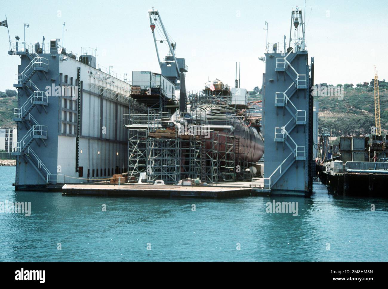 A view of a Los Angeles class nuclear-powered submarine undergoing hull ...
