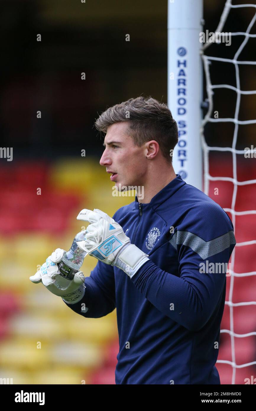 Stuart Moore #13 of Blackpool warms up during the Sky Bet Championship ...