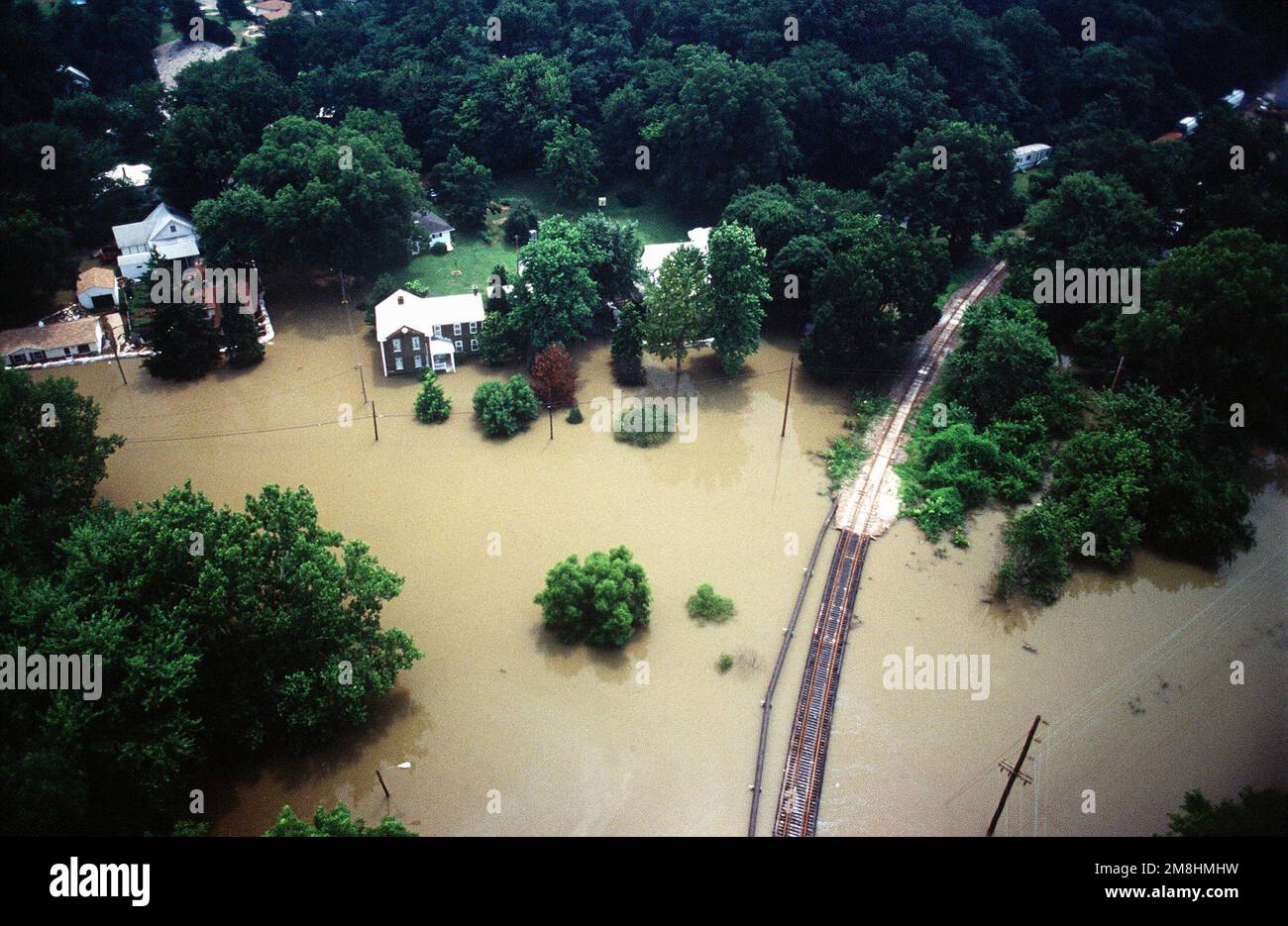 Aerials of flooded homes and railroad tracks when the Mississippi River ...