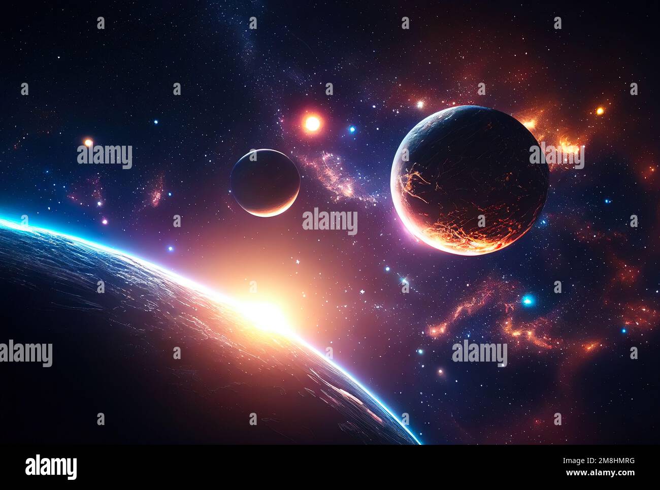 abstract space landscape with planets and flashes of stars and comets ...