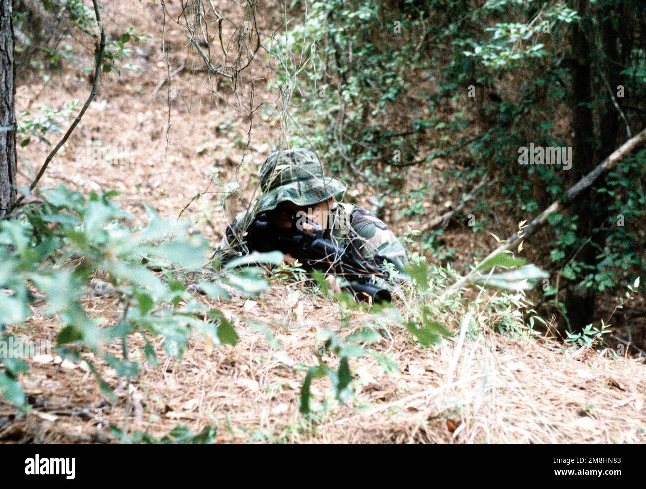 A Navy SEAL of SEAL Team 2's Platoon Alpha sets up in an ambush ...