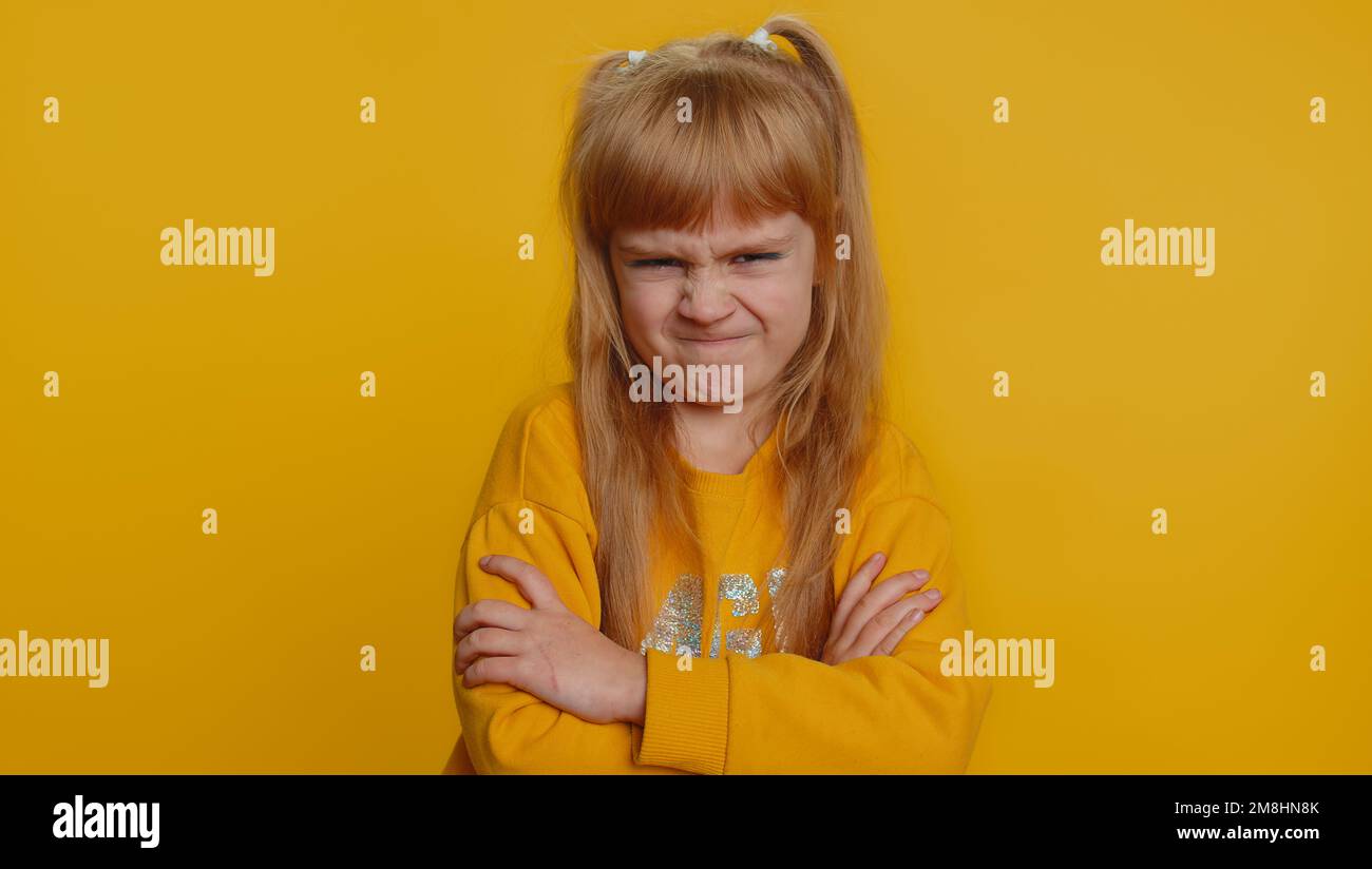 Dissatisfied angry young preteen child girl kid asking reason of ...
