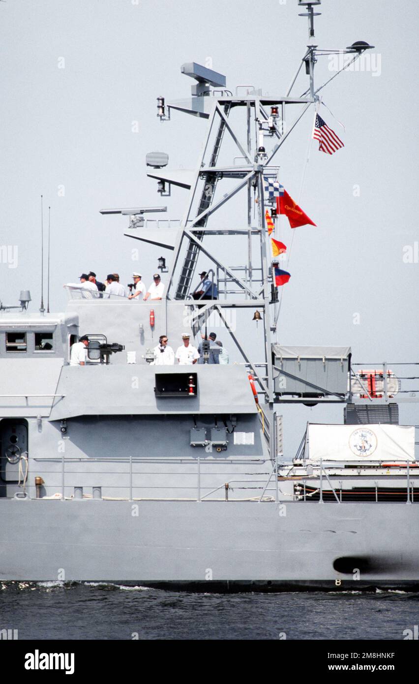 A port view of the bridge and mast of the coastal patrol ship USS ...