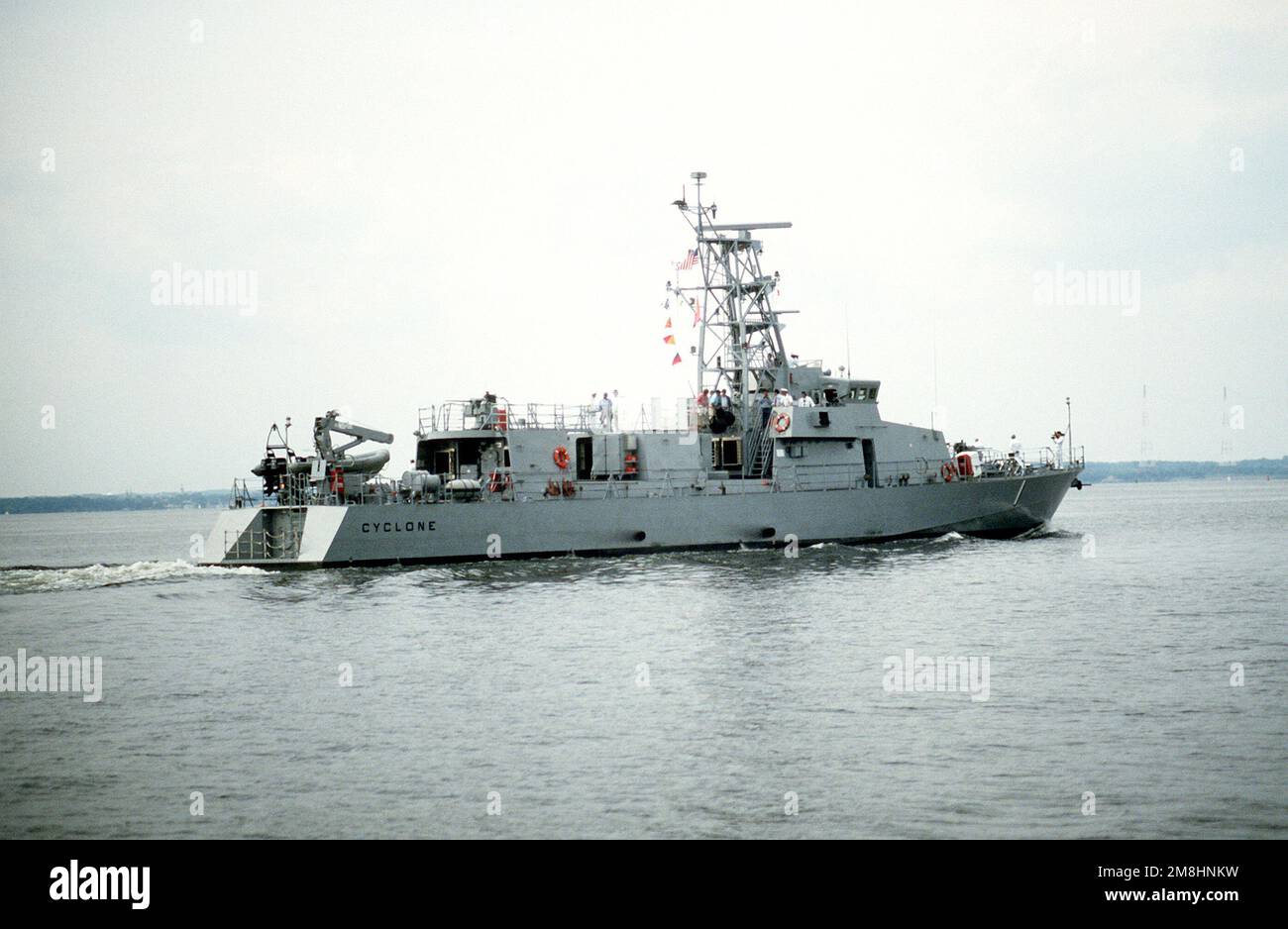 A starboard quarter view of the coastal patrol ship USS CYCLONE (PC-1 ...