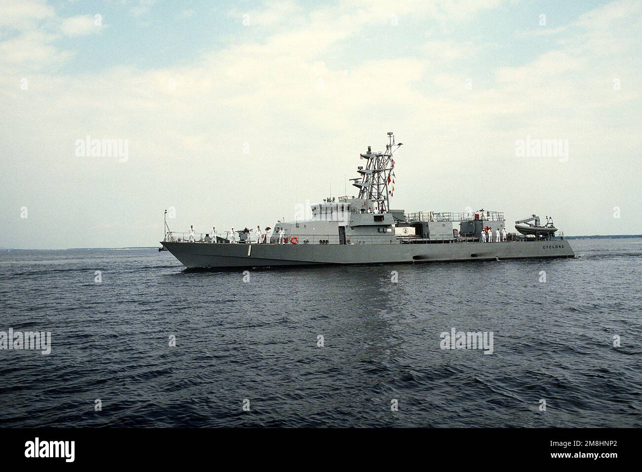 A port bow view of the coastal patrol ship USS CYCLONE (PC-1) underway ...