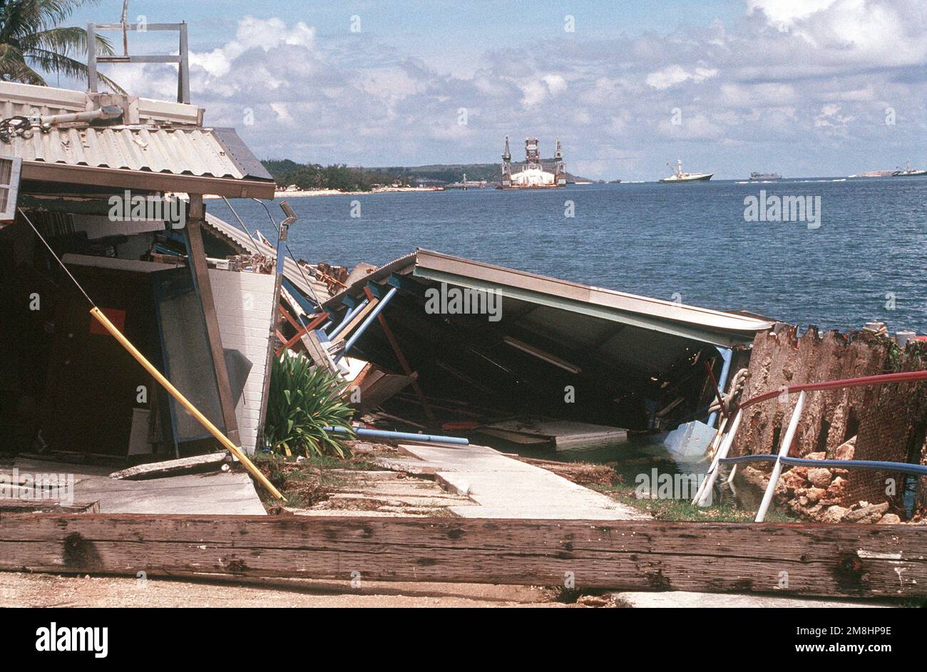 A close-up view of damage sustained by Trader Andy's Hut, a pierside ...