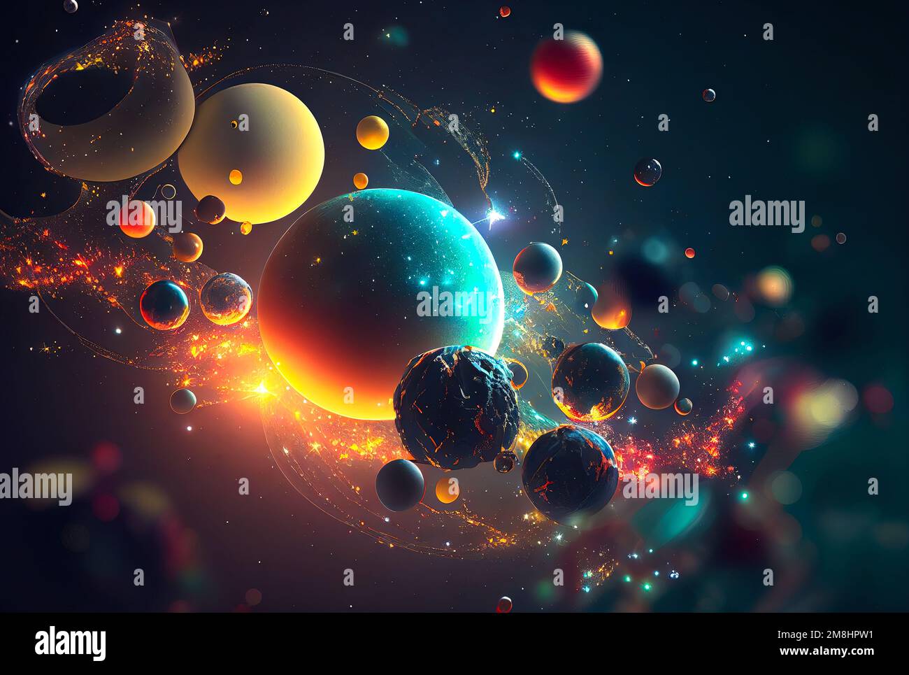 abstract space landscape with planets and flashes of stars and comets ...