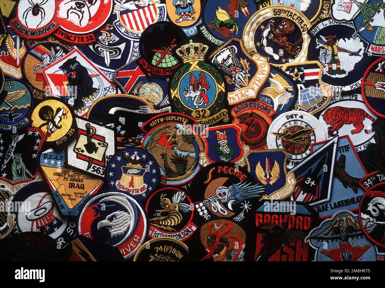 A close-up view of Air Force patches exhibiting the symbols and names ...