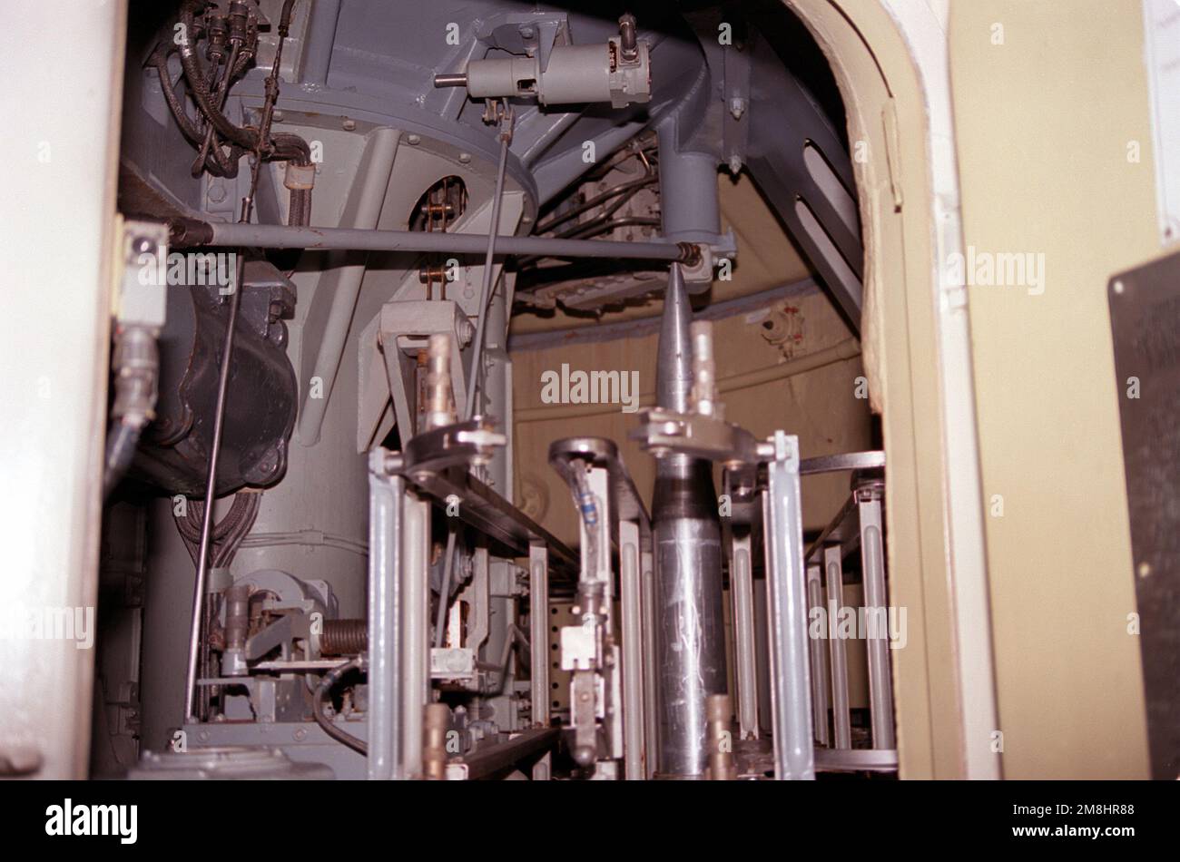 A view of the automatic ammo (ammunition) feeding system below the AK ...