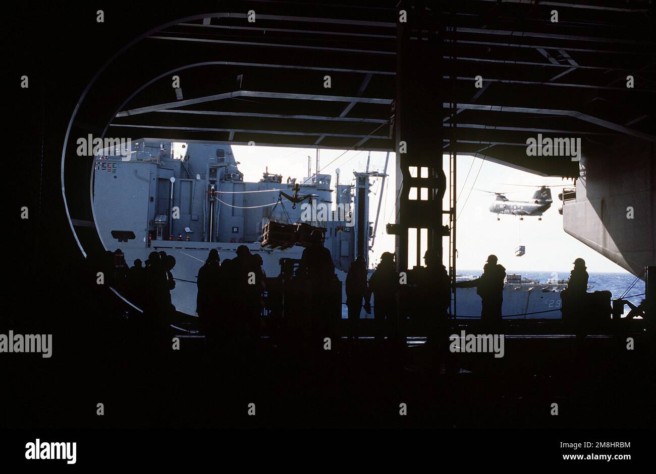 A view of the aft hangar bay of the nuclear-powered aircraft carrier ...