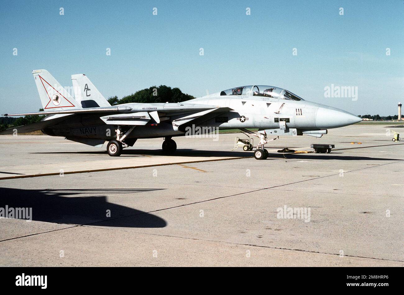 A right front view of an F-14A Tomcat aircraft of Fighter Squadron 14 ...