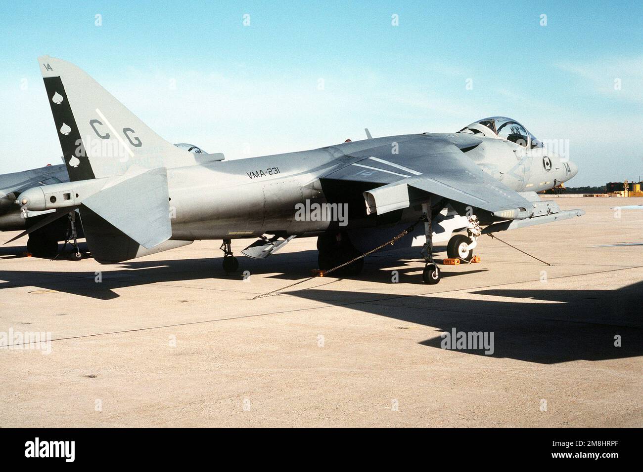 A right rear view of a AV-8B Harrier aircraft of Marine Attack Squadron ...
