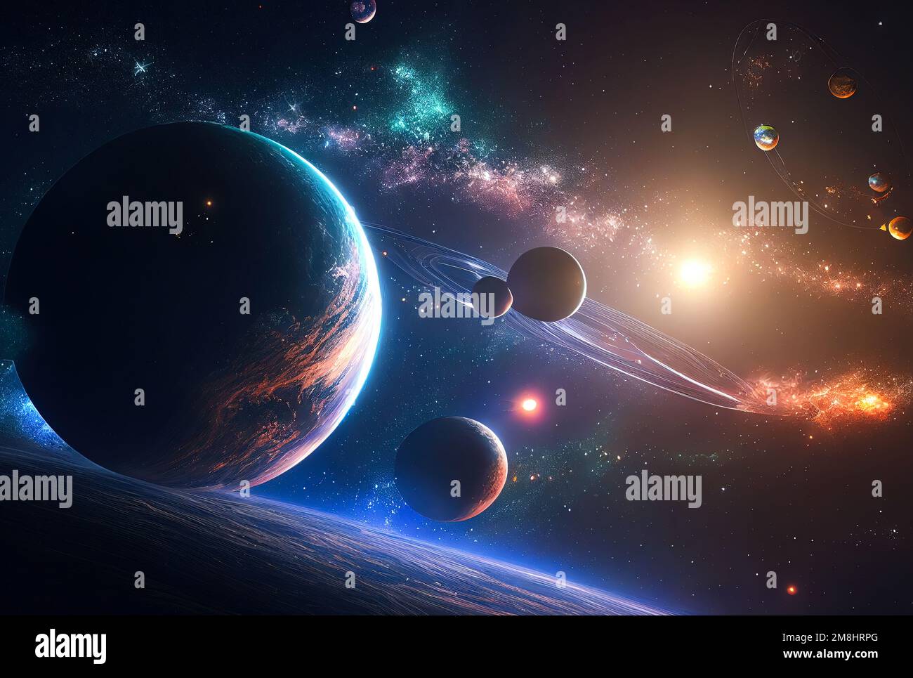abstract space landscape with planets and flashes of stars and comets ...