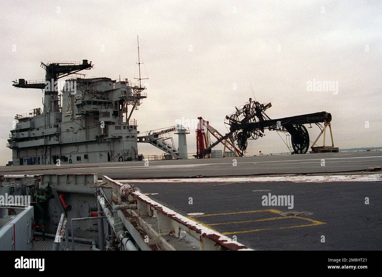 A view of the island of the aircraft carrier CORAL SEA (CV-43) as the ...