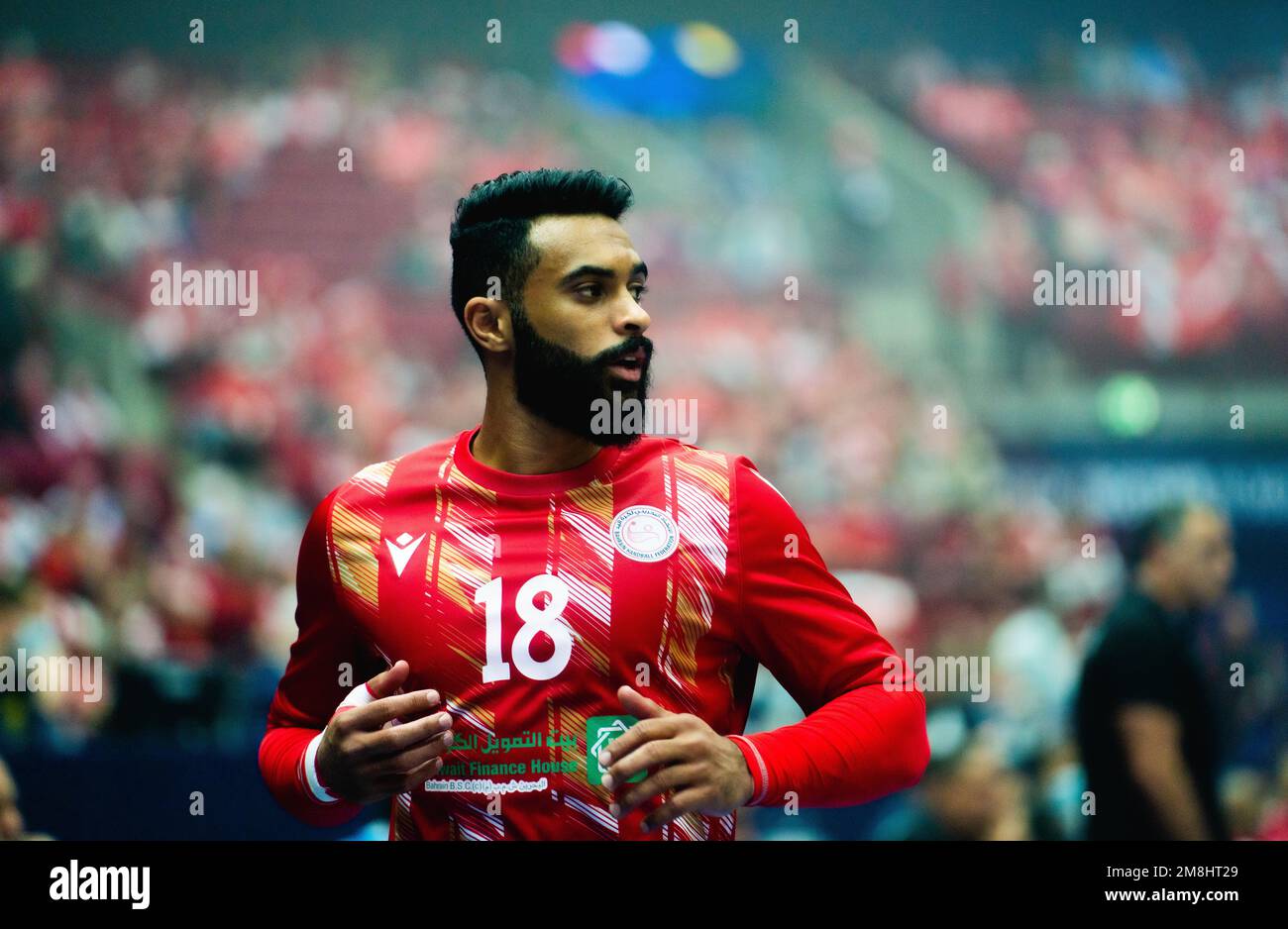 Malmo, Sweden. 13th Jan, 2023. Ahmed Fadhul (18) of Bahrain seen during the IHF World Handball ...