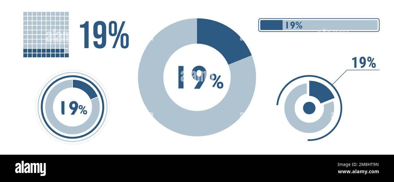 19 percent loading data icon set. Nineteen circle diagram, pie donut ...