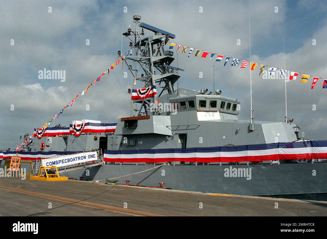 A starboard bow view of the Cyclone class patrol craft USS HURRICANE ...