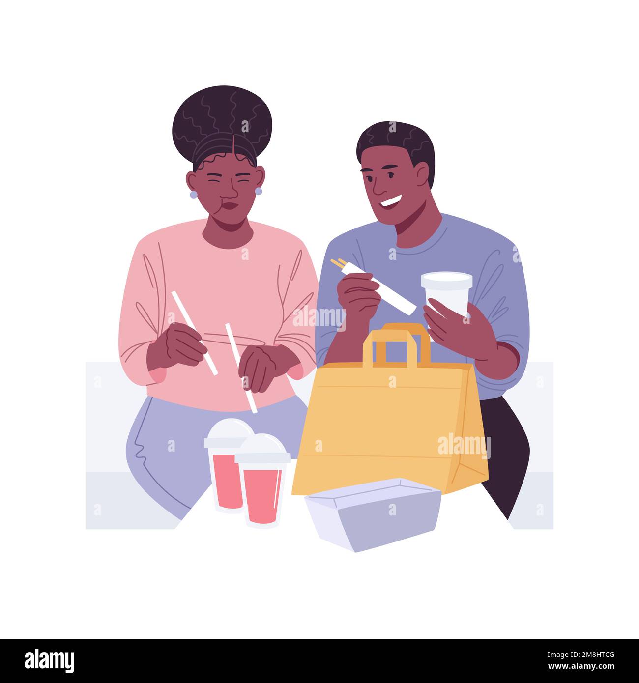 Take away food isolated cartoon vector illustrations. Couple eating ...