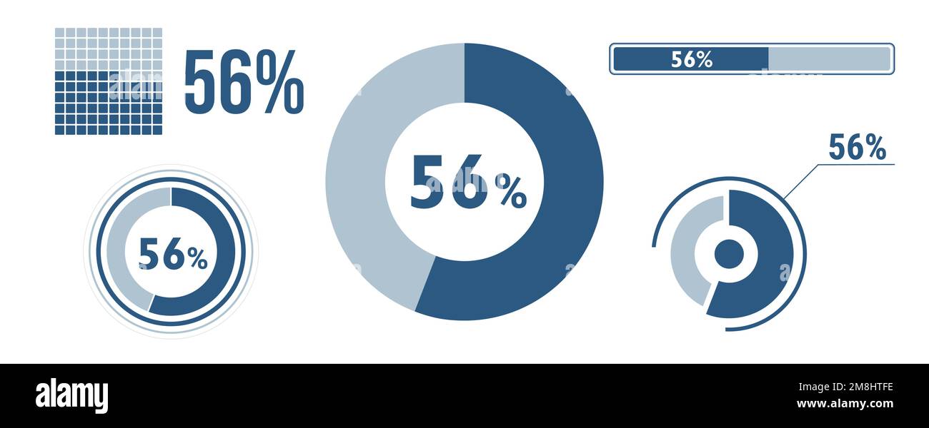 56 percent loading data icon set. Fifty-six circle diagram, pie donut ...