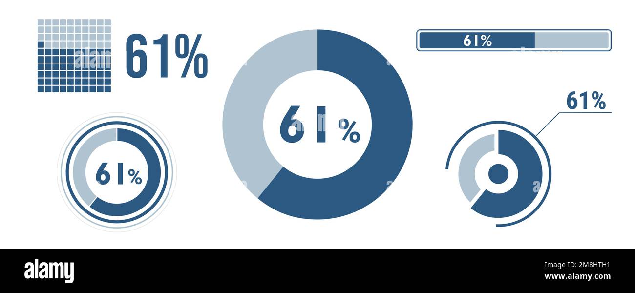 61 percent loading data icon set. Sixty-one circle diagram, pie donut ...