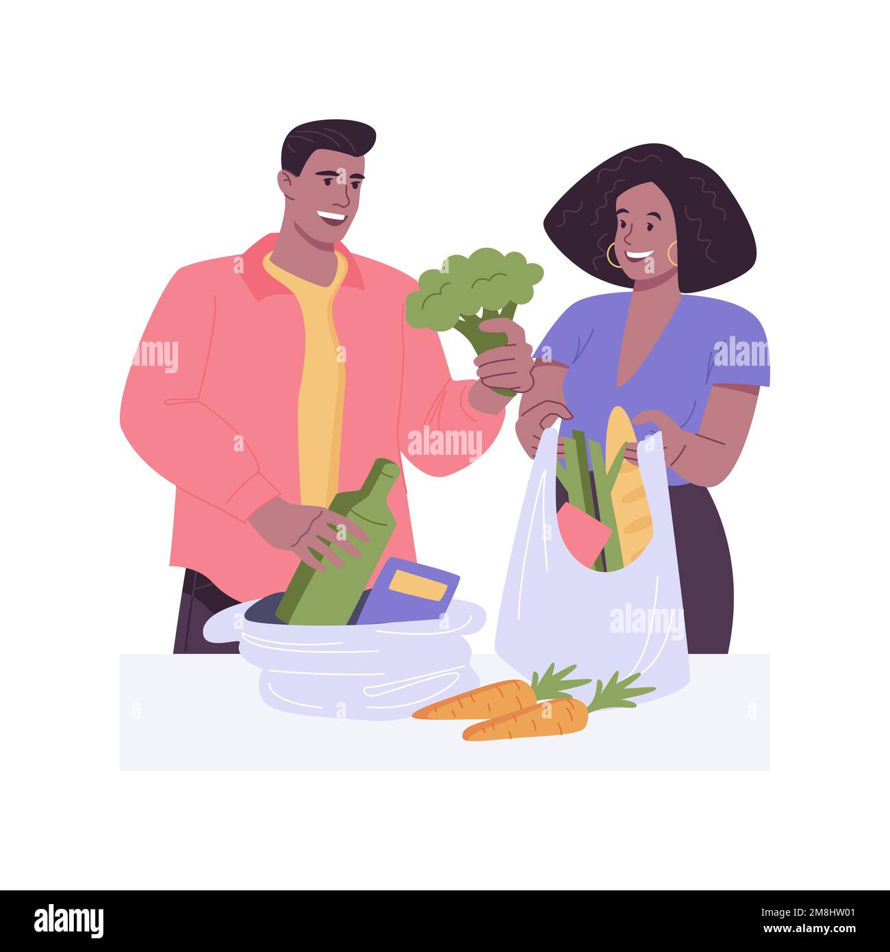 Unpacking grocery bags isolated cartoon vector illustrations. Happy ...