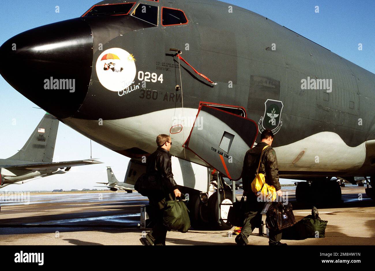 The crew of a KC-135R Stratotanker from the 380th Air Refueling Wing ...