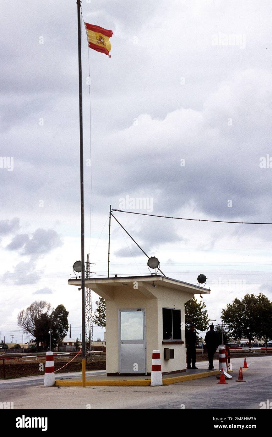 Spanish security personnel guard the main gate at Moron Air Base, Spain ...