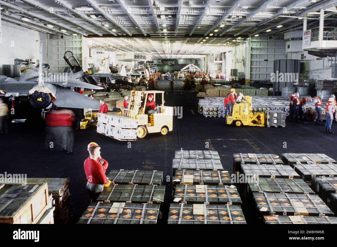 A view from the aft hangar bay of the nuclear-powered aircraft carrier ...